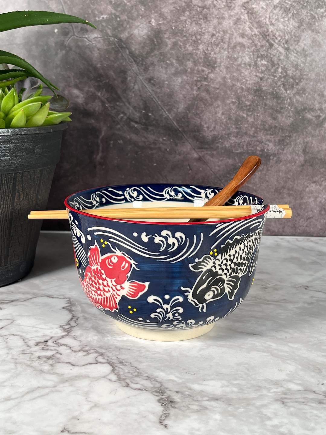 6 Koi Fish Japanese Kamameshi Beige Ceramic Ramen Noodle Rice Bowl Gift ...