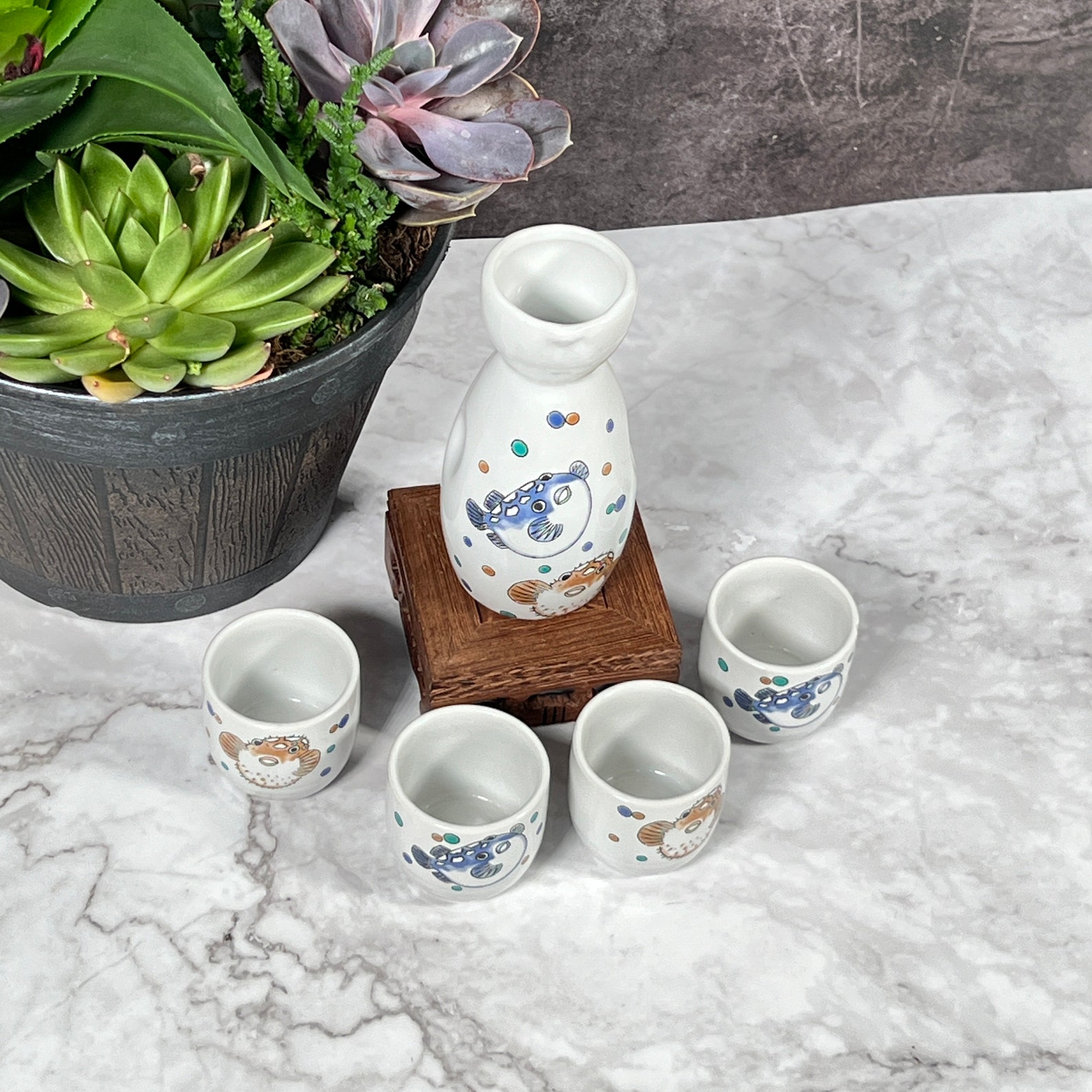 Oriental Puff Fish White Ceramic Sake Set, One Sake Bottle 5 Fl Oz and ...