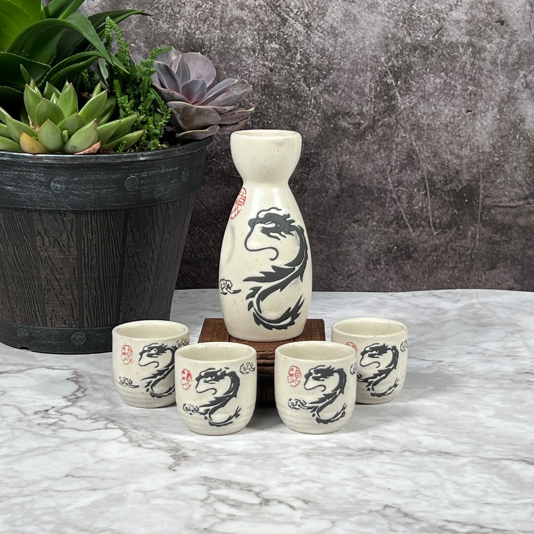 Oriental Dragon Beige Ceramic Sake Set, One Sake Bottle 5 Fl Oz and ...