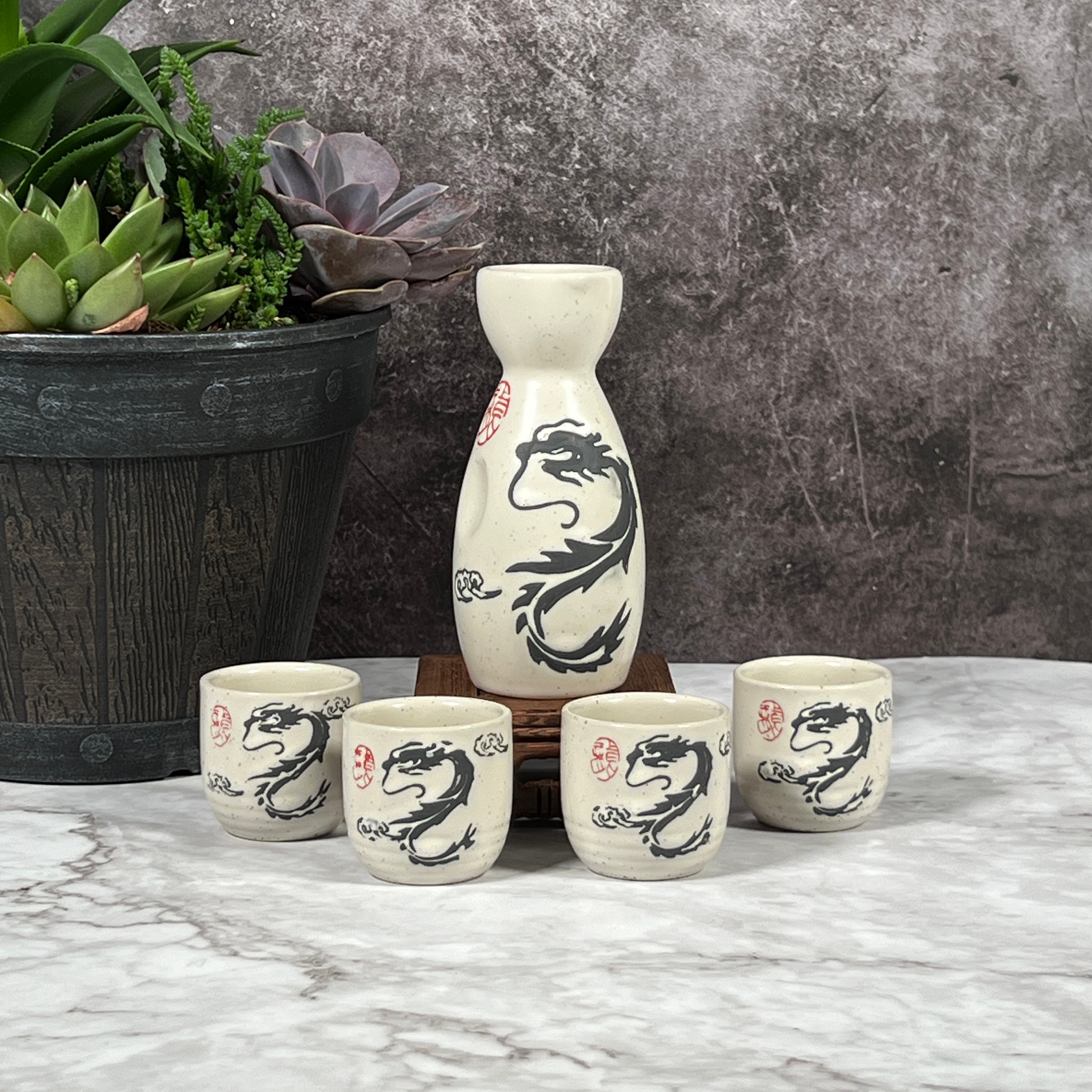 Oriental Dragon Beige Ceramic Sake Set, One Sake Bottle 5 Fl Oz and ...