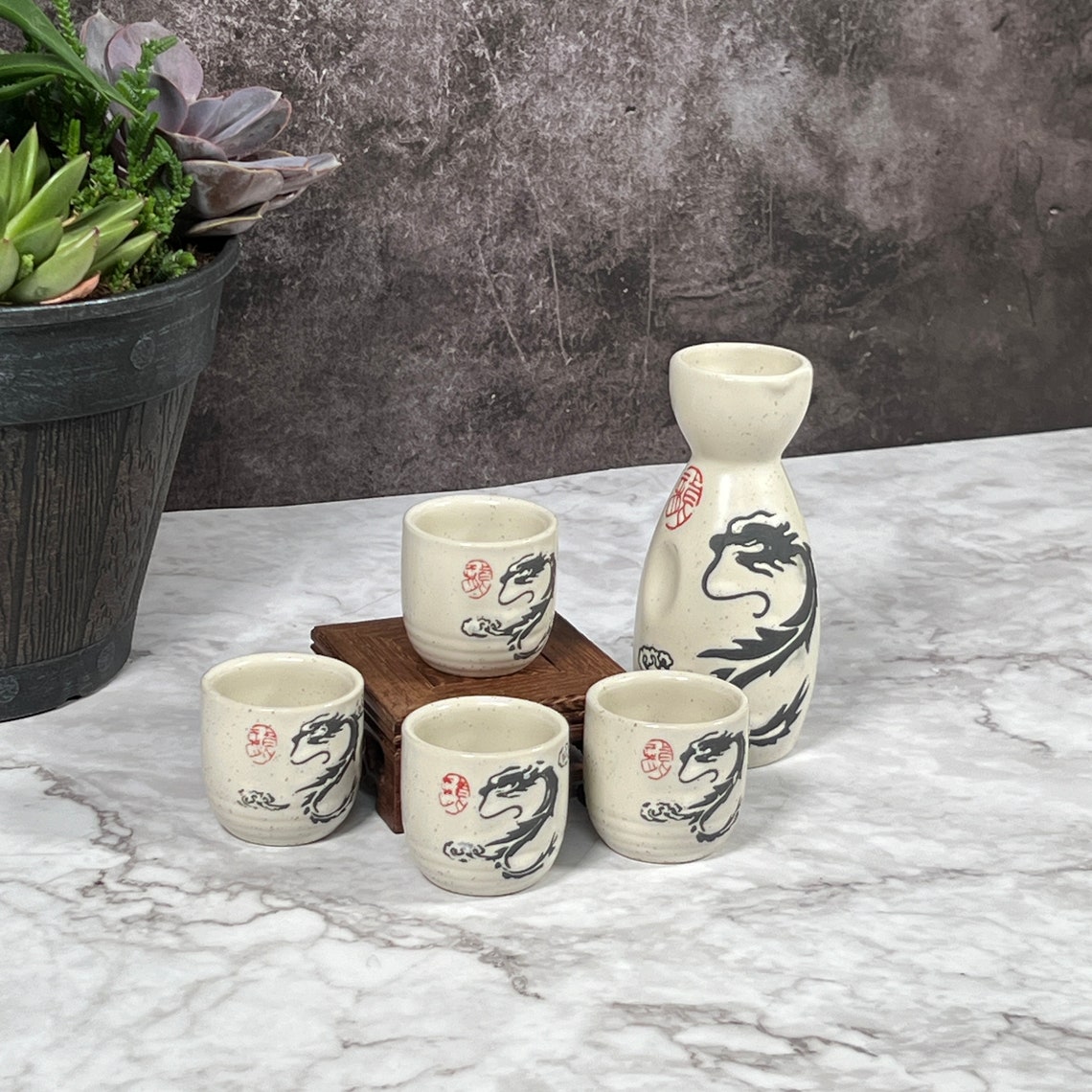 Oriental Dragon Beige Ceramic Sake Set, One Sake Bottle 5 Fl Oz and ...