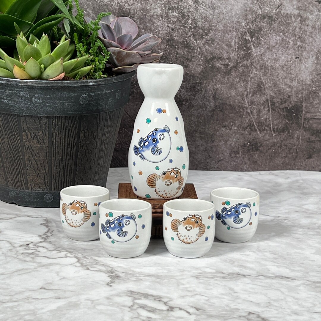 Oriental Puff Fish White Ceramic Sake Set, One Sake Bottle 5 Fl Oz and ...