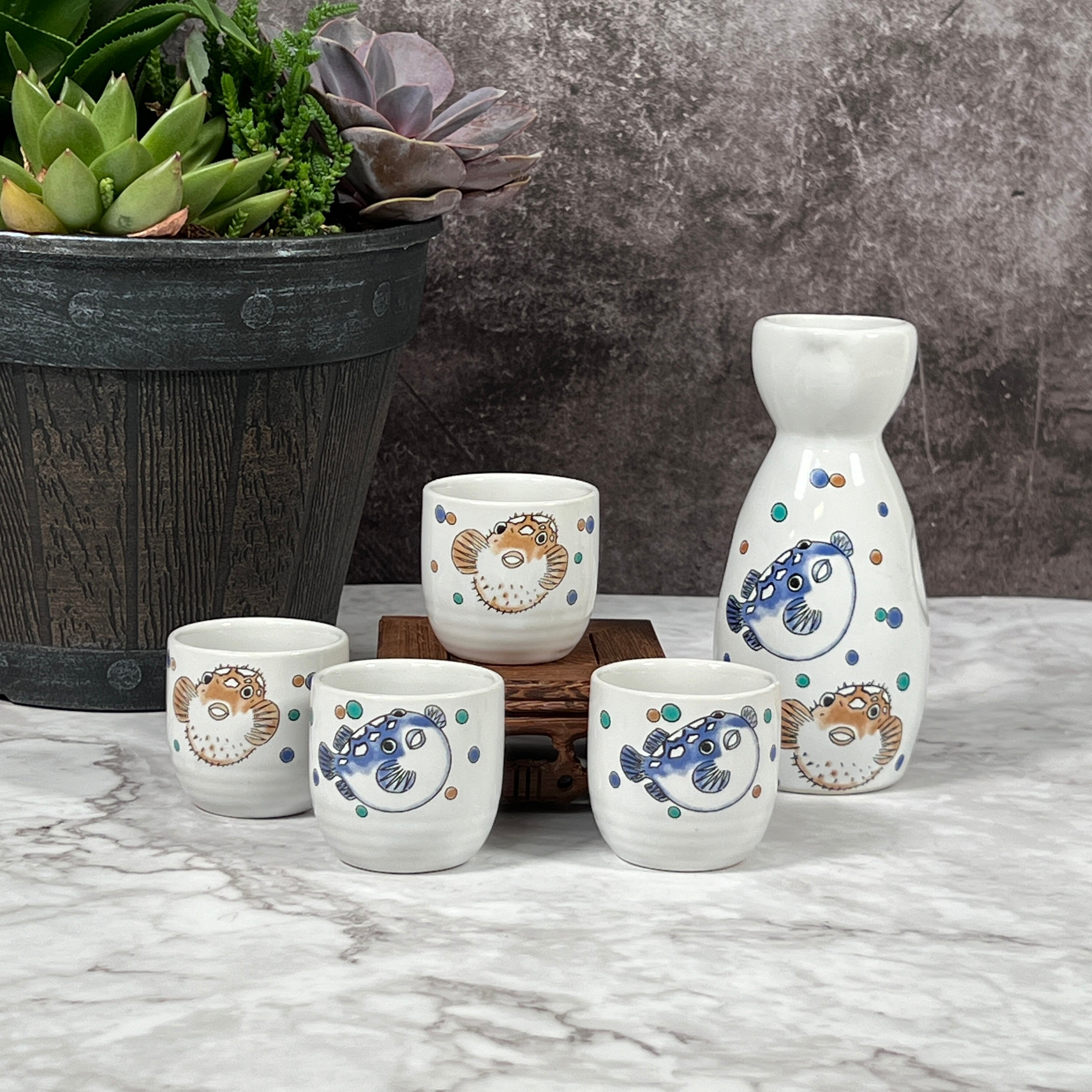Oriental Puff Fish White Ceramic Sake Set, One Sake Bottle 5 Fl Oz and ...