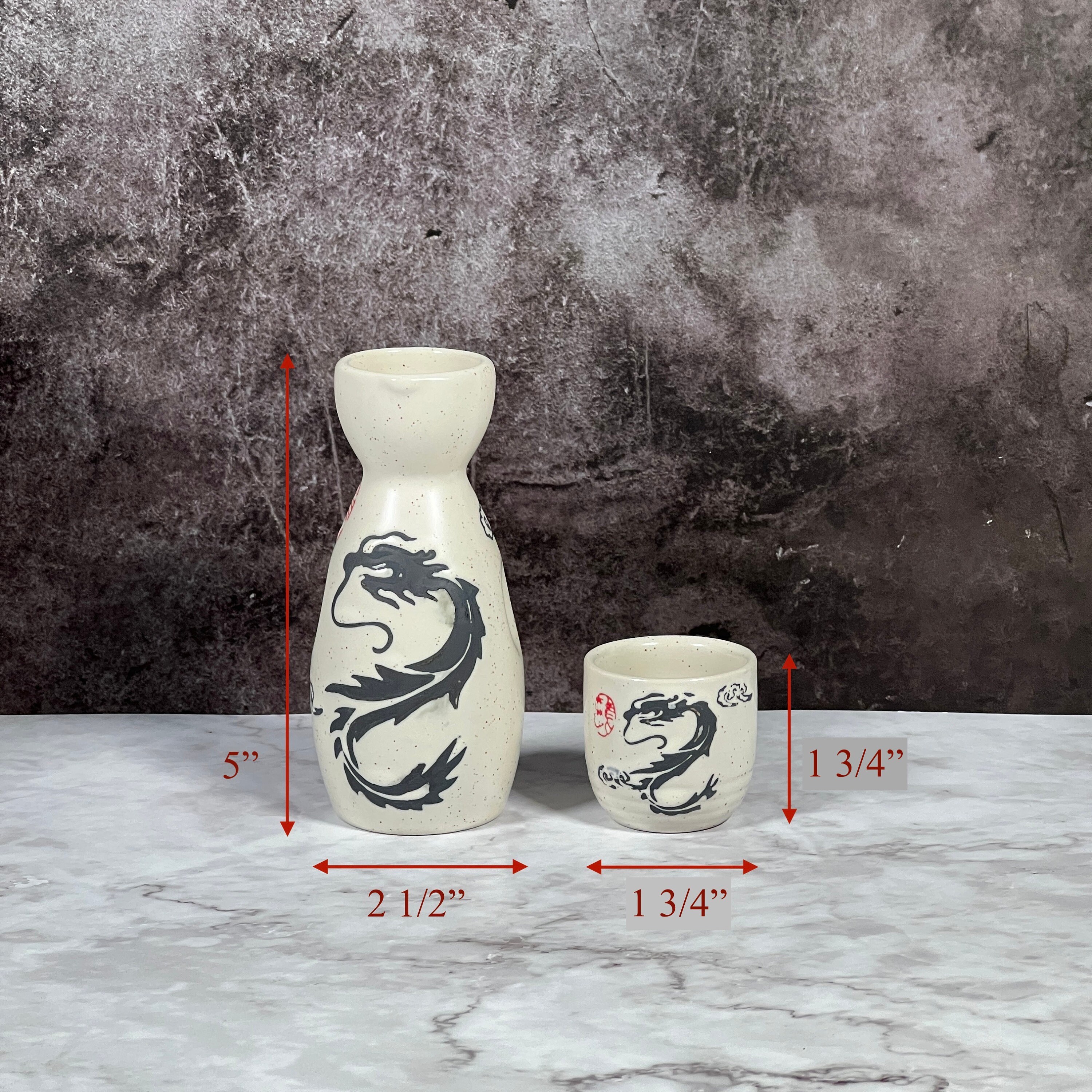 Oriental Dragon Beige Ceramic Sake Set, One Sake Bottle 5 Fl Oz and ...