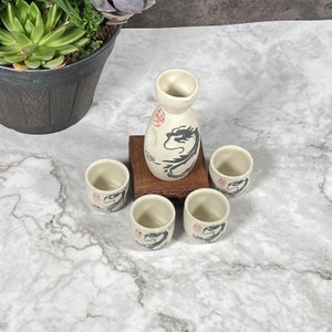 Oriental Dragon Beige Ceramic Sake Set, One Sake Bottle 5 Fl Oz and ...