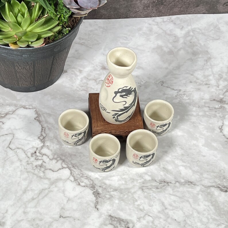 Oriental Dragon Beige Ceramic Sake Set, One Sake Bottle 5 Fl Oz and ...