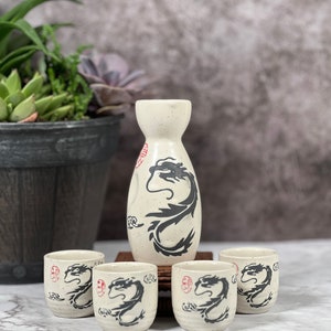 Oriental Dragon Beige Ceramic Sake Set, One Sake Bottle 5 Fl Oz and ...