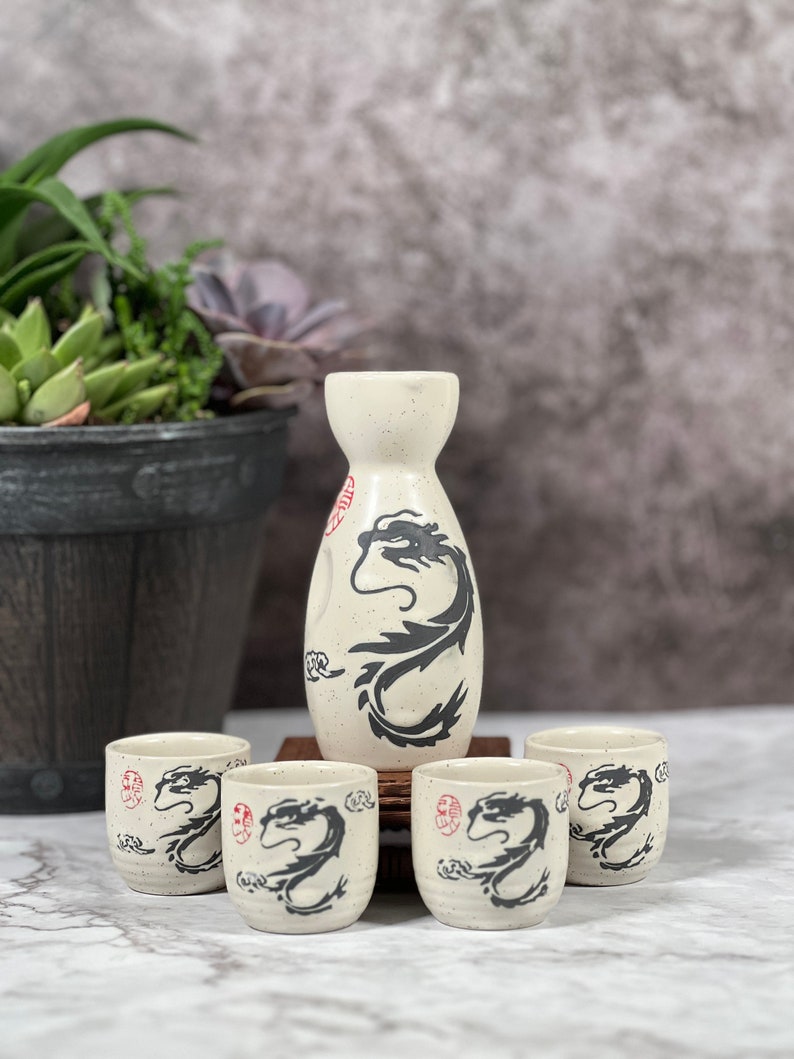 Oriental Dragon Beige Ceramic Sake Set, One Sake Bottle 5 Fl Oz and ...