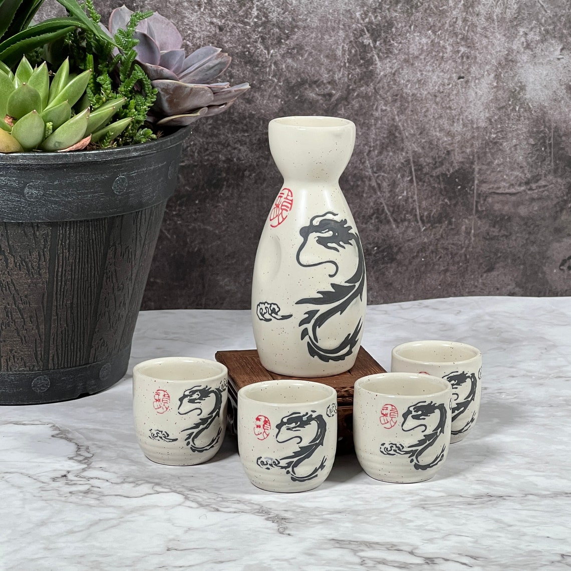 Oriental Dragon Beige Ceramic Sake Set, One Sake Bottle 5 Fl Oz and ...