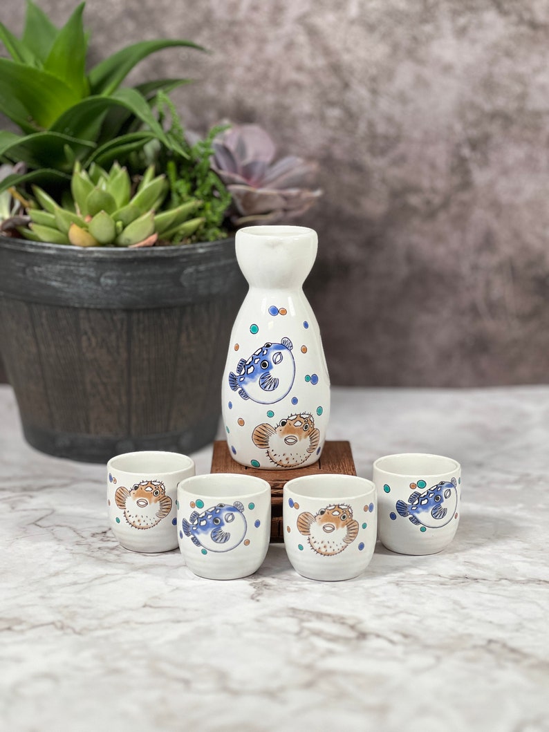 Oriental Puff Fish White Ceramic Sake Set, One Sake Bottle 5 Fl Oz and ...