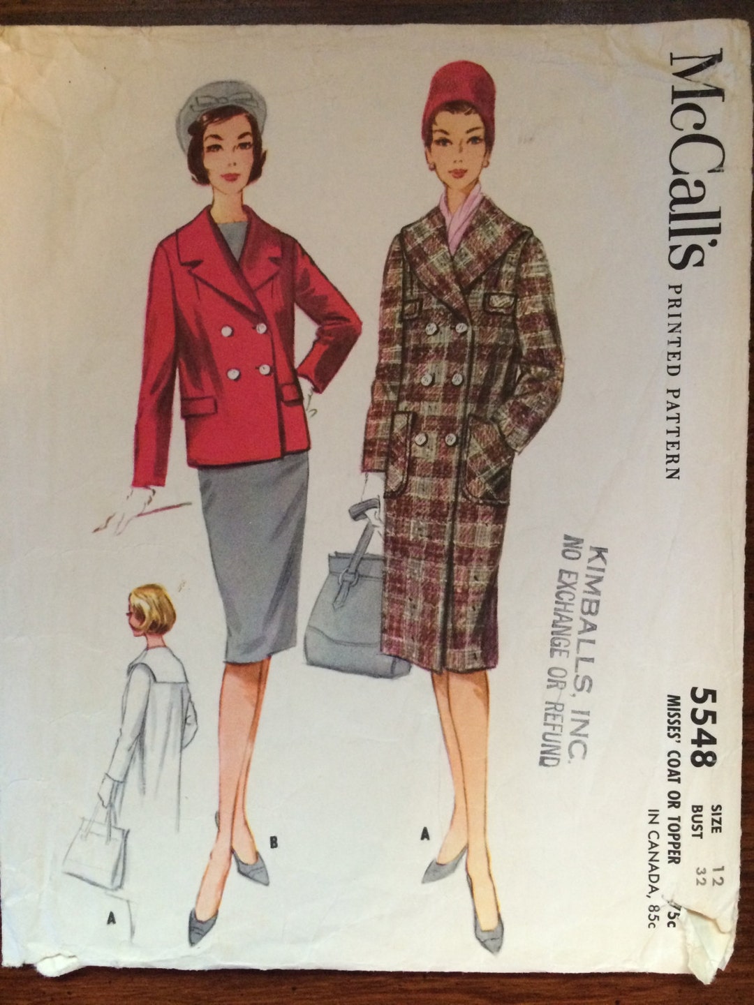 Vintage 1960 Mccall's Coat Pattern 5548 Size 12, Bust 32 Vintage Mccall ...