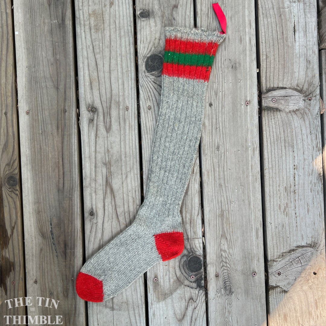 Vintage Thick Wool Stocking - Grey Red and Green With Hanging Tab ...