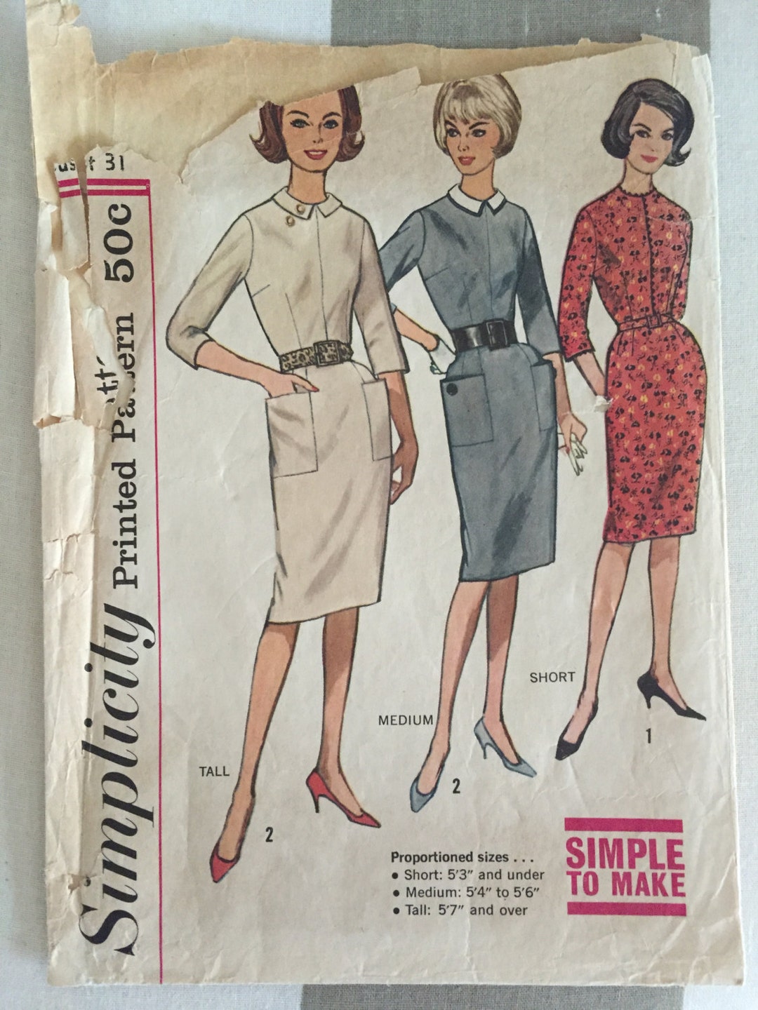 1960s Simplicity Dress & Detachable Collar Pattern 4567 Sz 10 Bust 31 ...