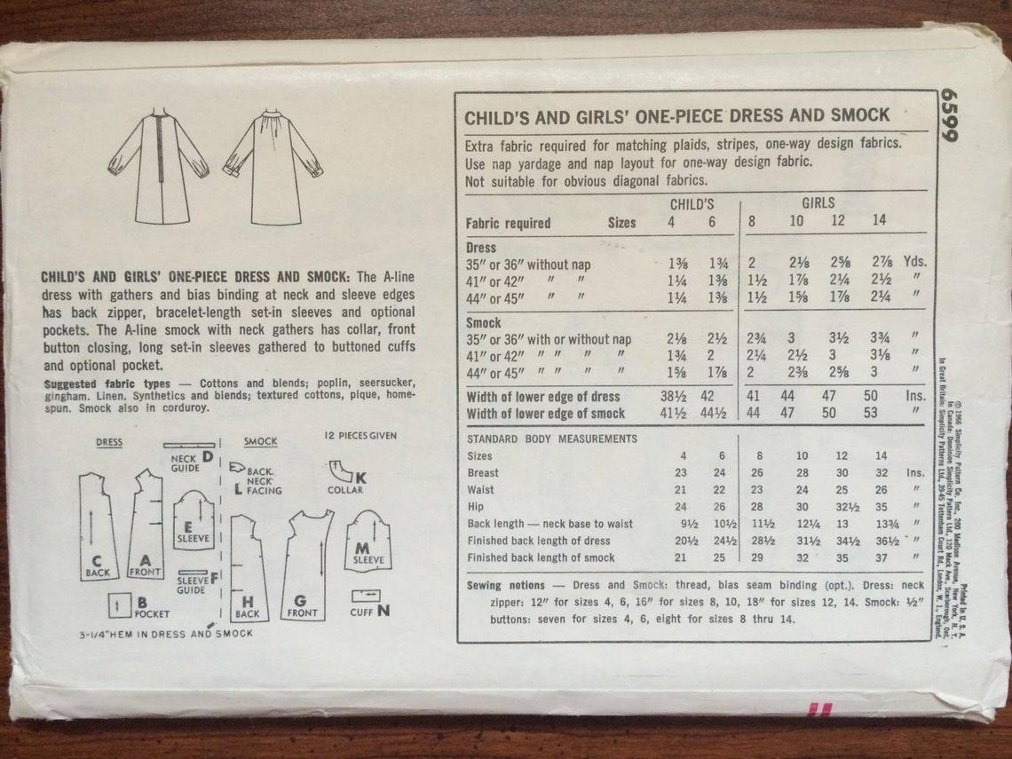 1960s Simplicity Girl's Dress and Smock Pattern #6599 Size 10, Breast ...