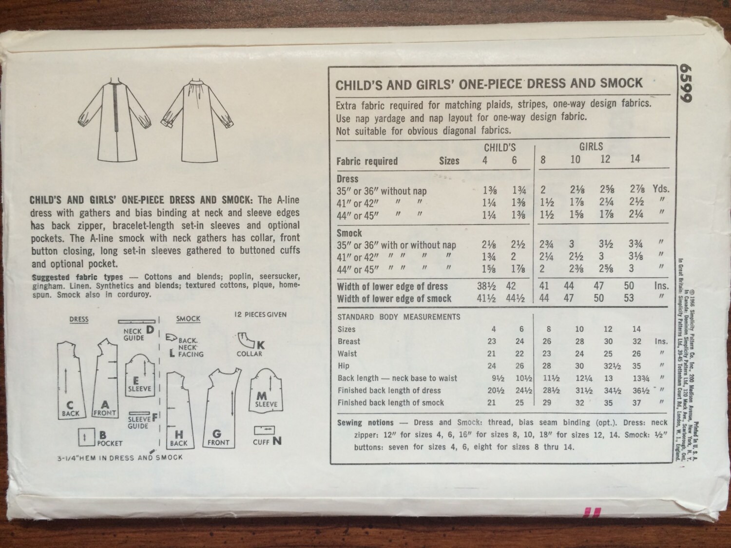 1960s Simplicity Girl's Dress and Smock Pattern #6599 Size 10, Breast ...