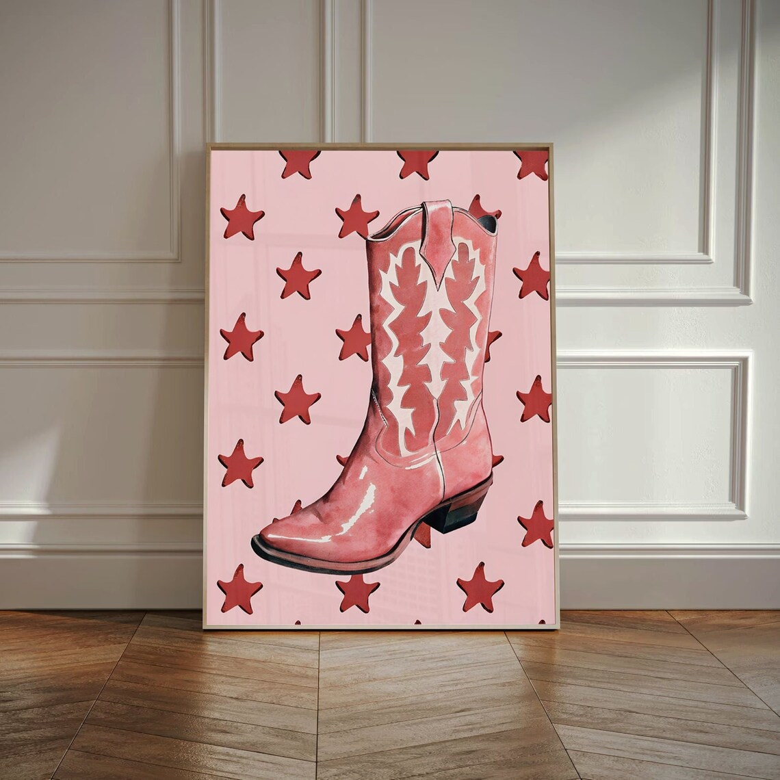 Pink Cowboy Boots With Stars Print, Cowboy Boots Print, Boho Western ...