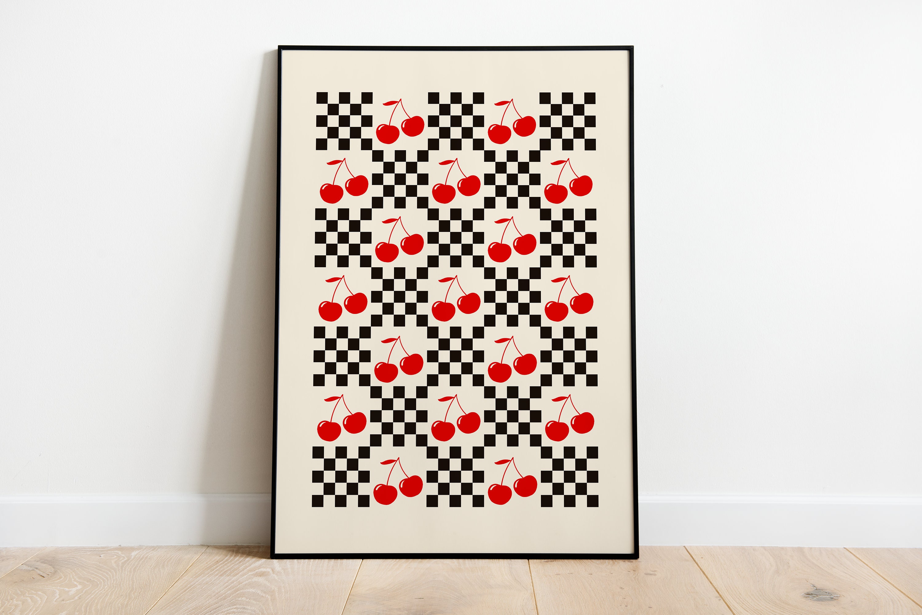 Cherry Pop Art, Retro Cherry Checkerboard, Vintage Cherries and ...