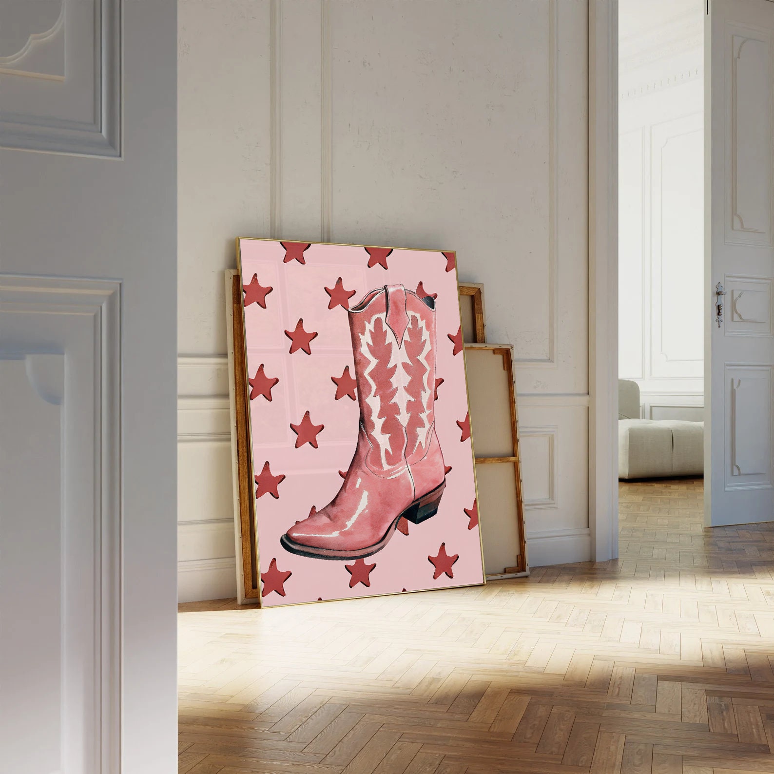 Pink Cowboy Boots With Stars Print, Cowboy Boots Print, Boho Western ...