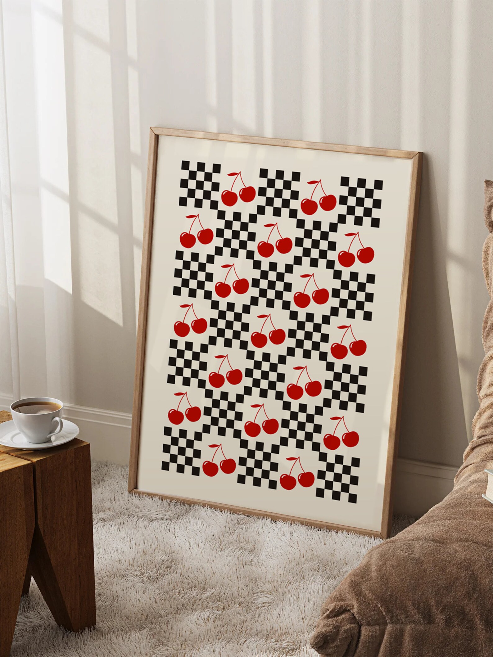 Retro Cherry Checkerboard Print: Bold Geometric Pop Art (digital ...