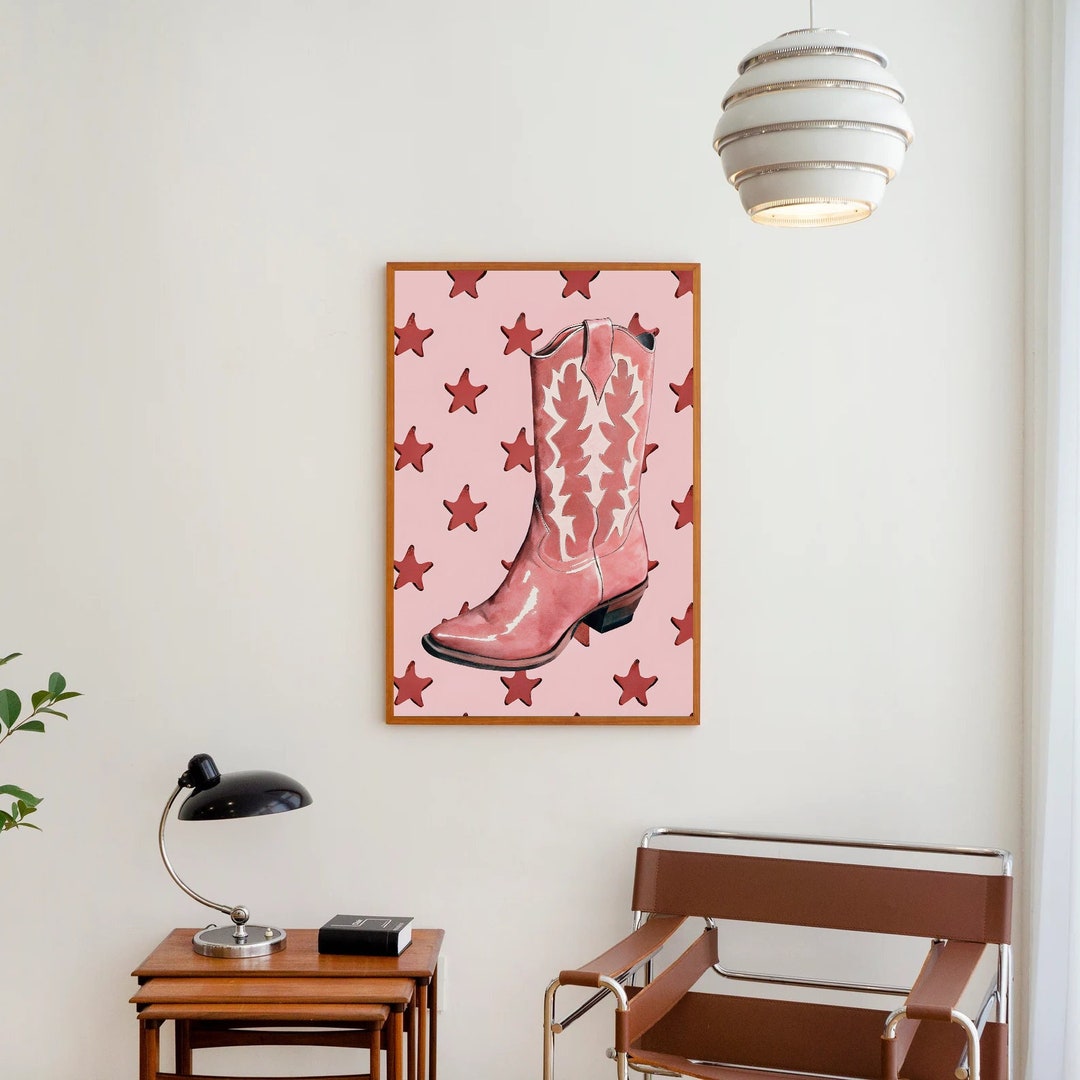 Pink Cowboy Boots With Stars Print, Cowboy Boots Print, Boho Western ...