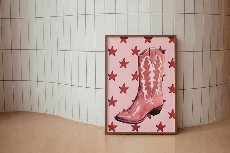 Pink Cowboy Boots With Stars Print, Cowboy Boots Print, Boho Western ...