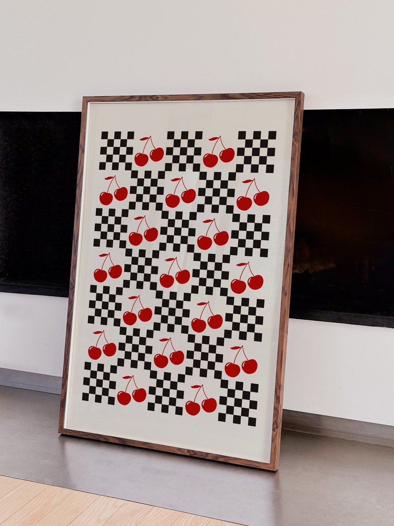 Cherry Pop Art, Retro Cherry Checkerboard, Vintage Cherries and ...