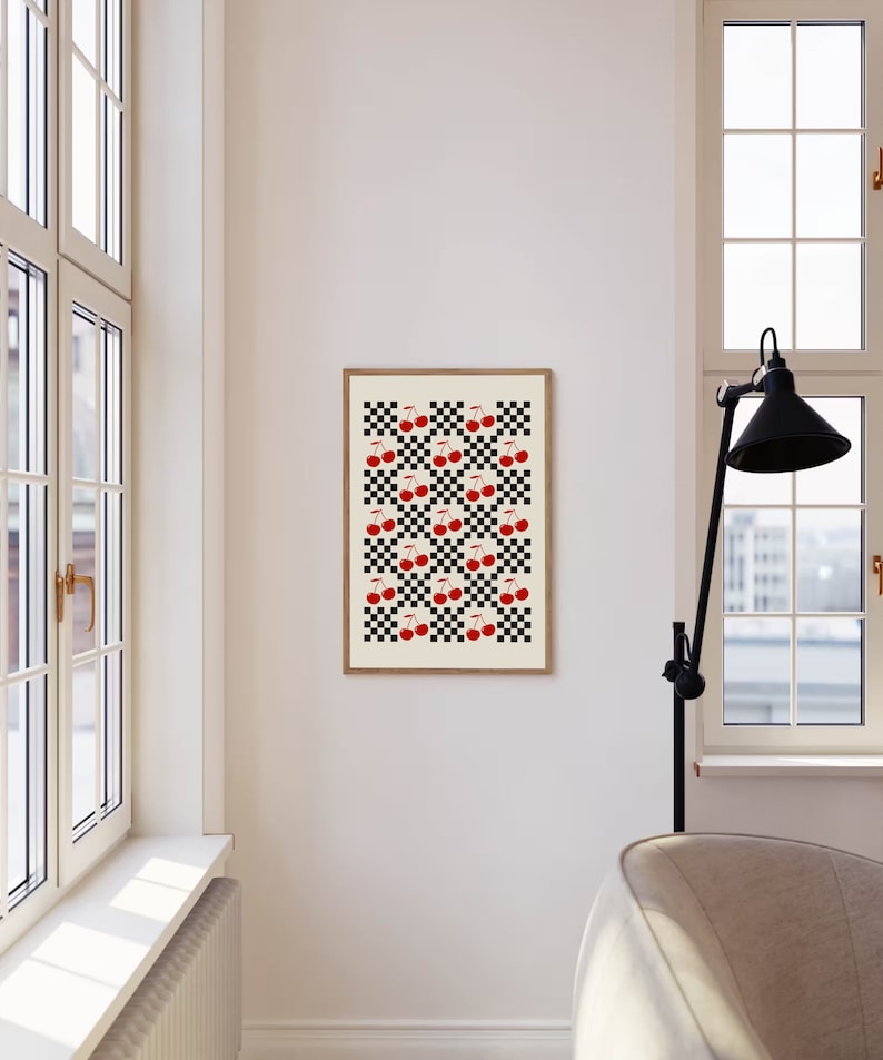 Cherry Pop Art, Retro Cherry Checkerboard, Vintage Cherries and ...