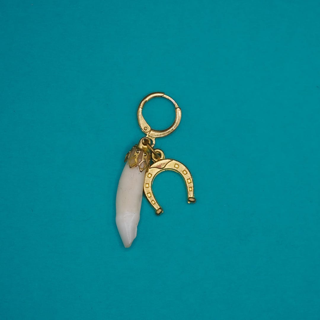 Mens Dangle Horseshoe Earring- Coyote Fang Animal Bone Earring- Single ...