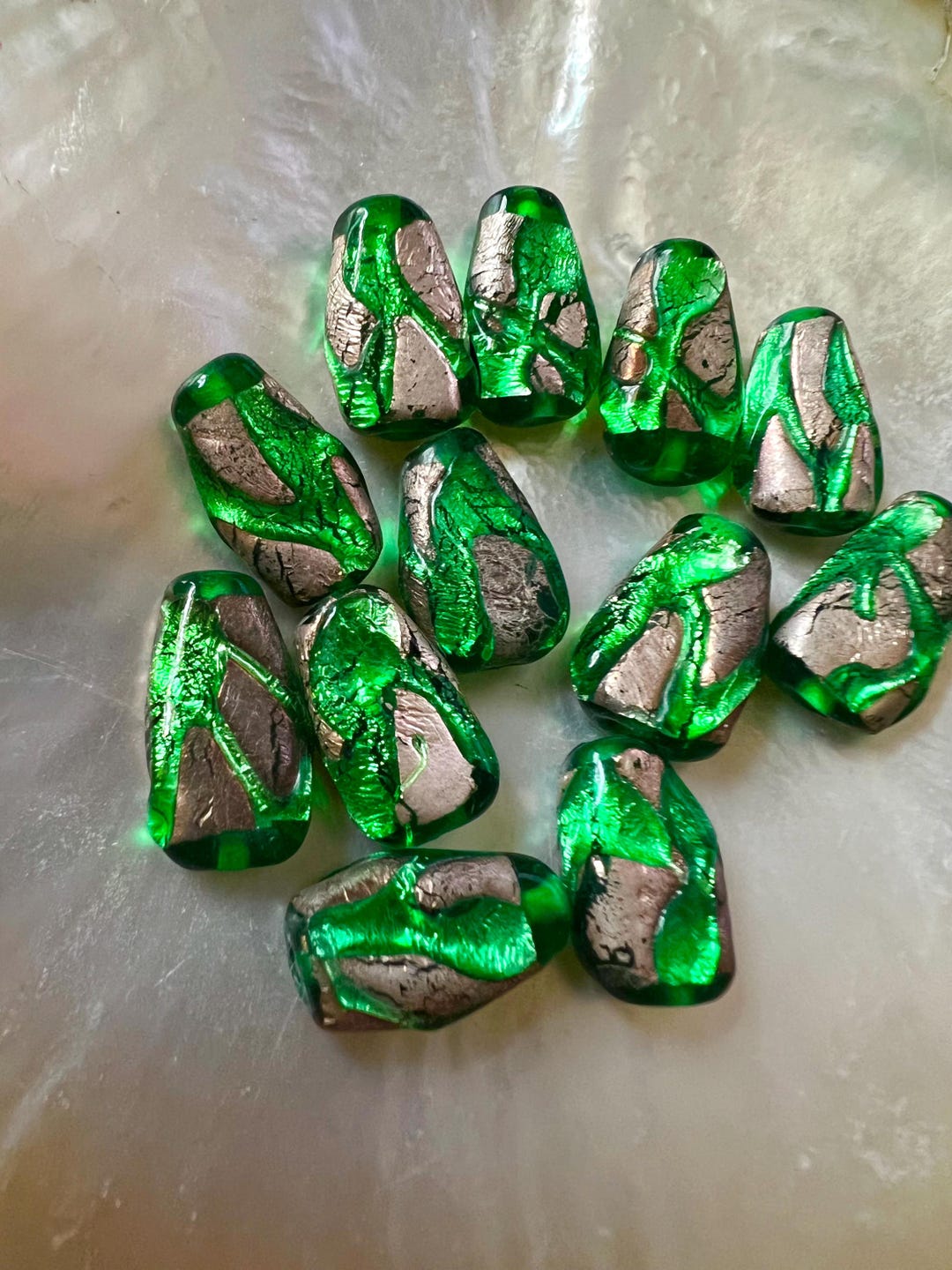 2 Vintage Japanese Green Lava Foil Glass Flattish Triangular Beads ...