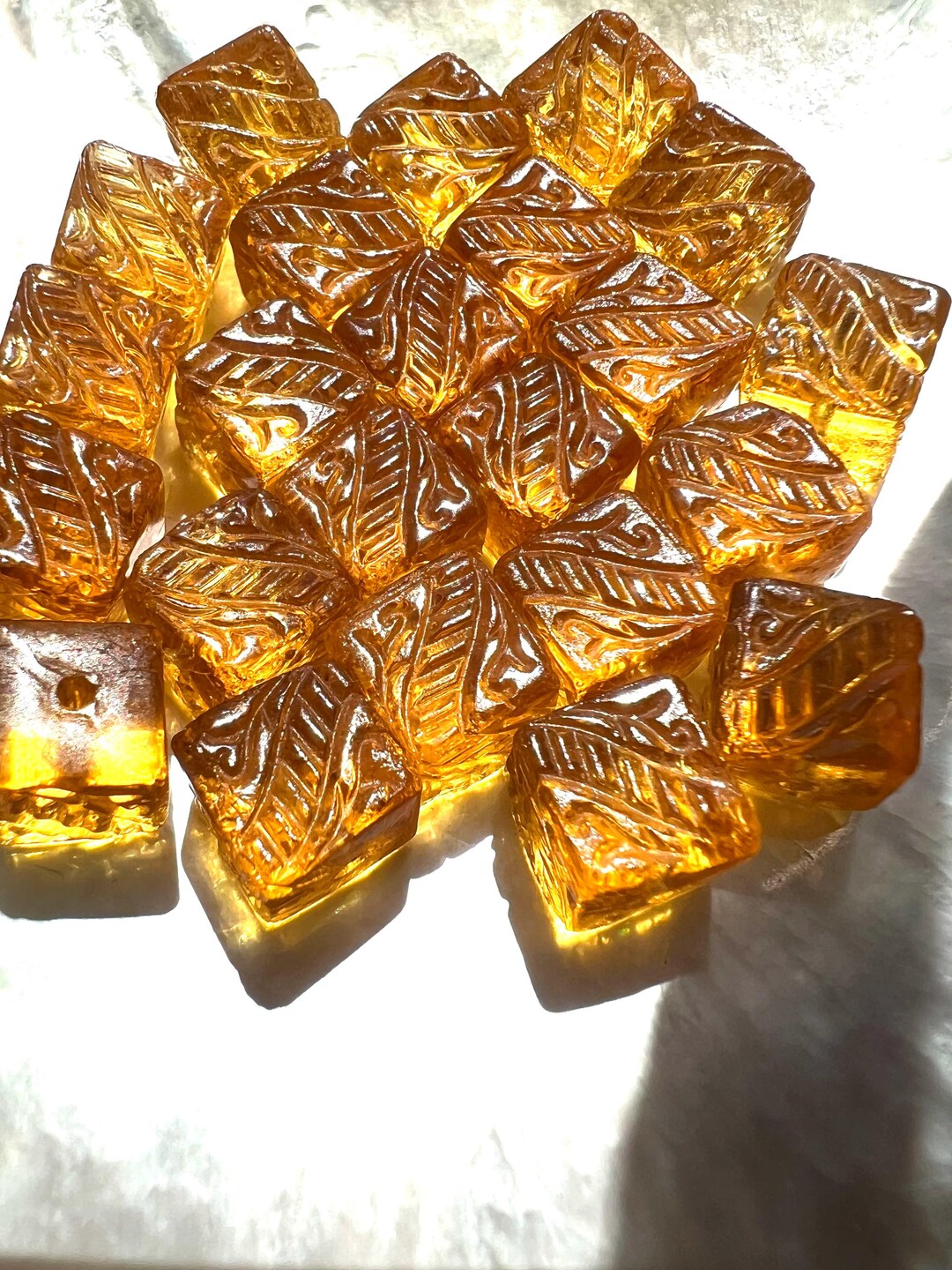 2 Rare Art Deco Etched Carved Topaz Glass Cube Square Vintage Glass ...