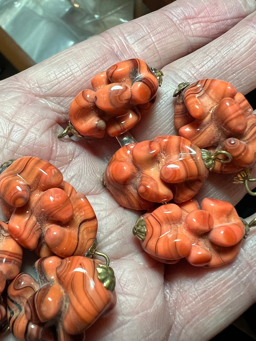 2 Vintage Miriam Haskell Japanese Cherry Brand Orange Brown Striated ...
