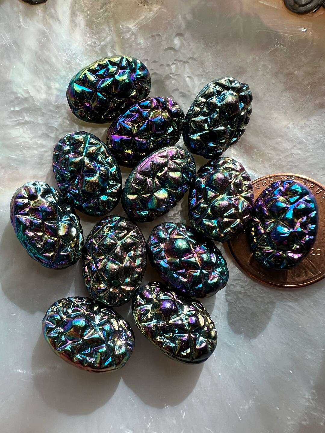 2 Vintage 14mm Iridis Carnival Glass Like Extremely Textured Bumpy Oval ...