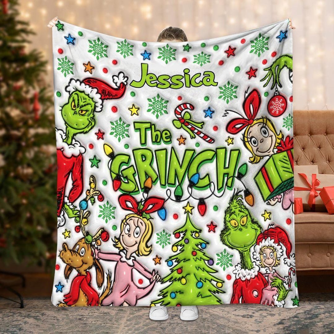 Personalized 3D Glossy Grumpy Green Mean One Christmas Blanket | Family ...