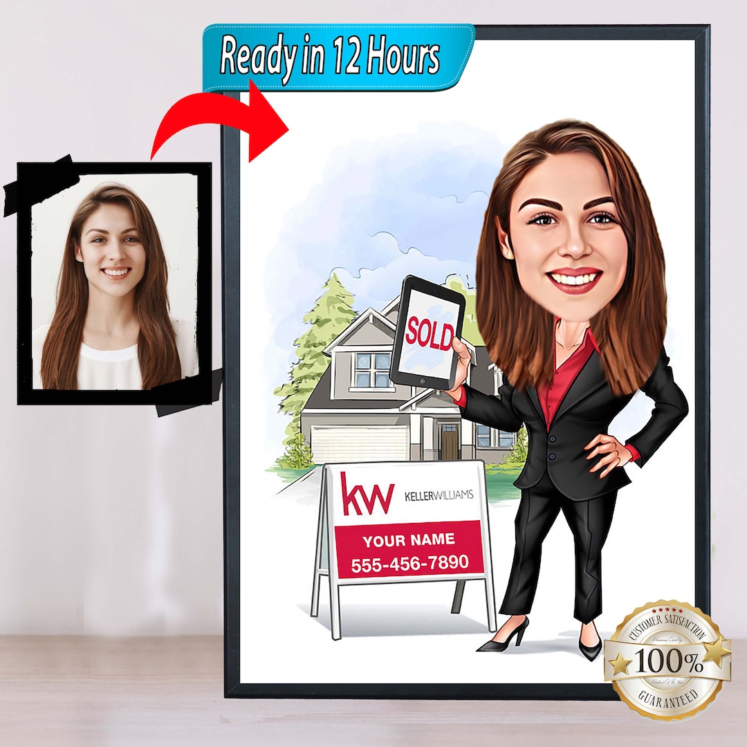 Realtor Cartoon Portrait, Custom Real Estate Agent Caricature (digital ...