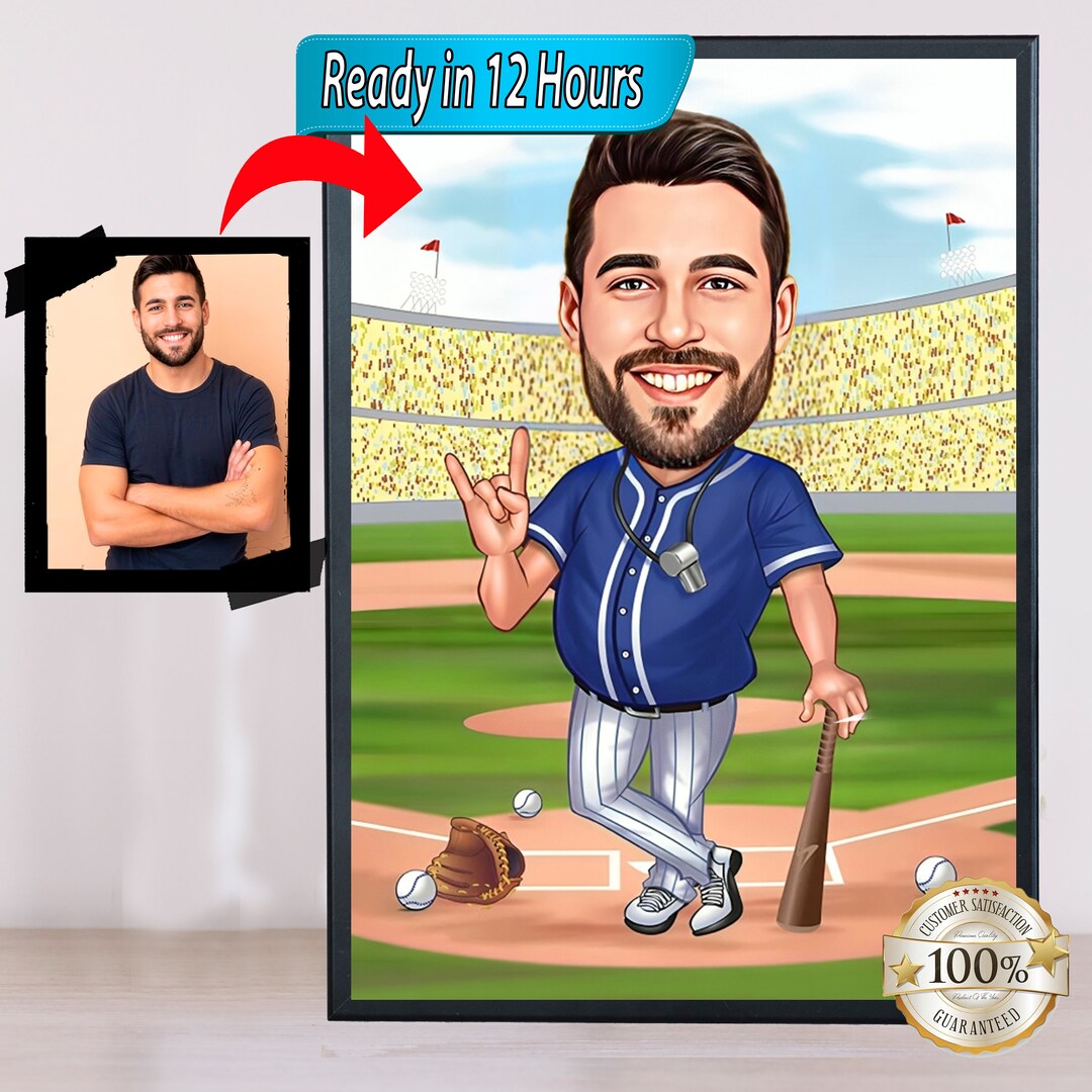 Baseball Caricature Art Gift, Baseball Cartoon, Unique Baseball Gift ...