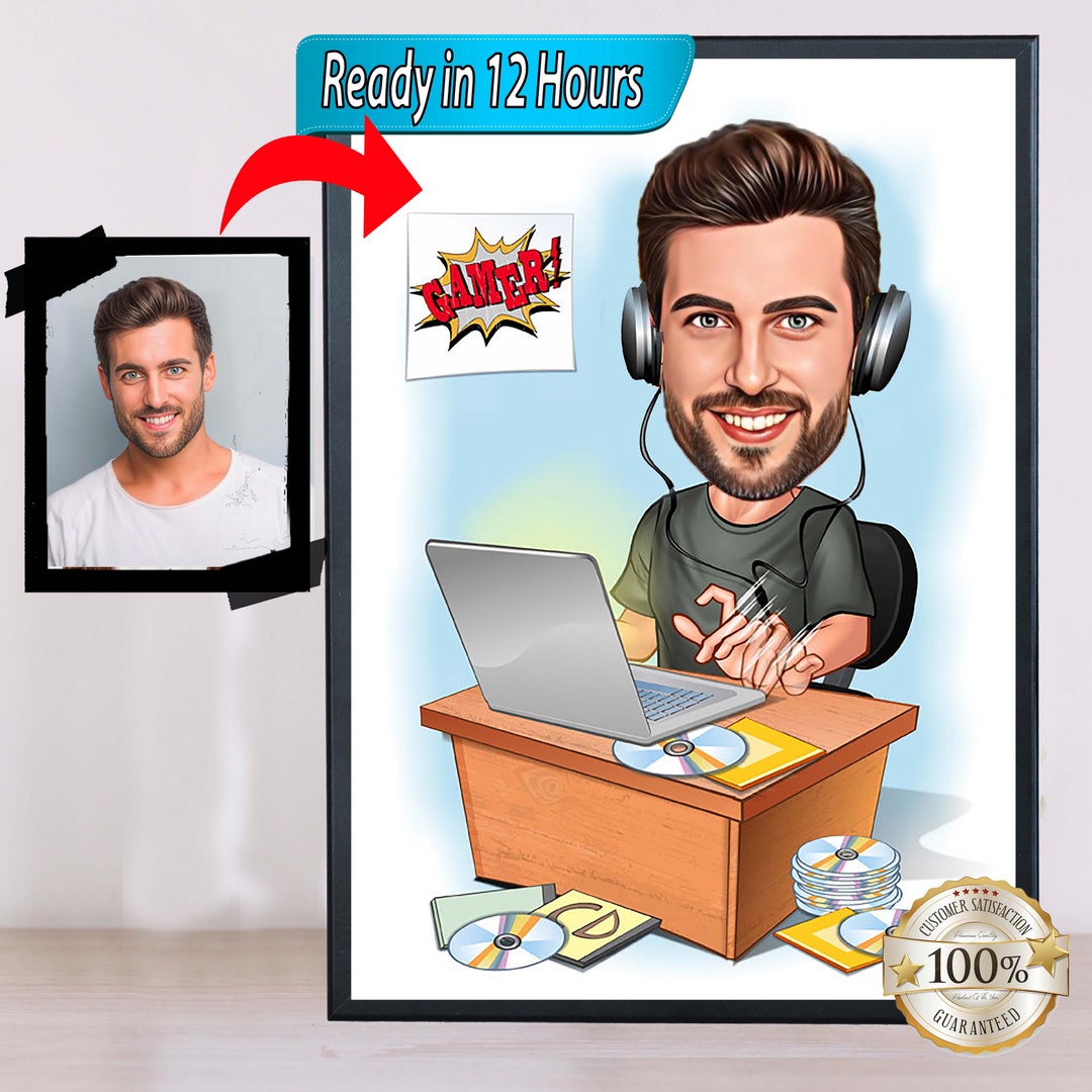 Personalized Gamer Caricature Drawing, Cartoon From Photo, Custom ...