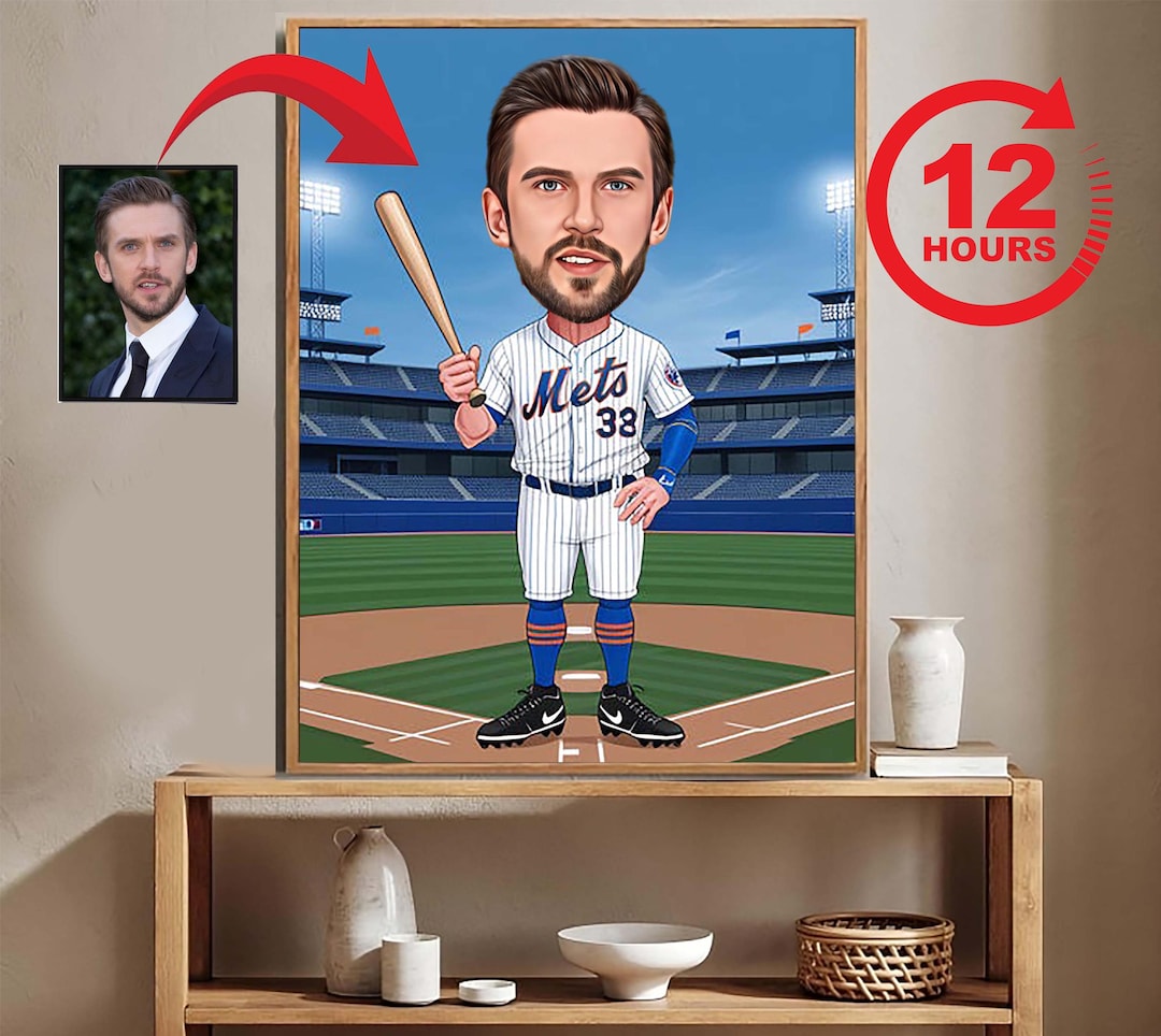 New York Mets Baseball Caricature Art, Personalized Baseball Fan Gift ...