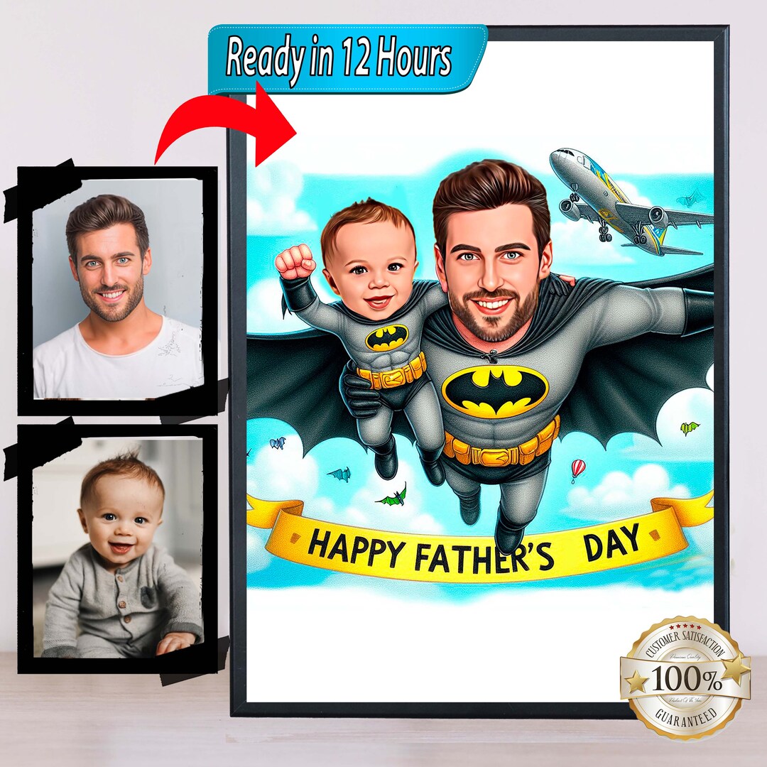 Custom Batman Caricature Portrait, Dad and Son Superhero Cartoon ...