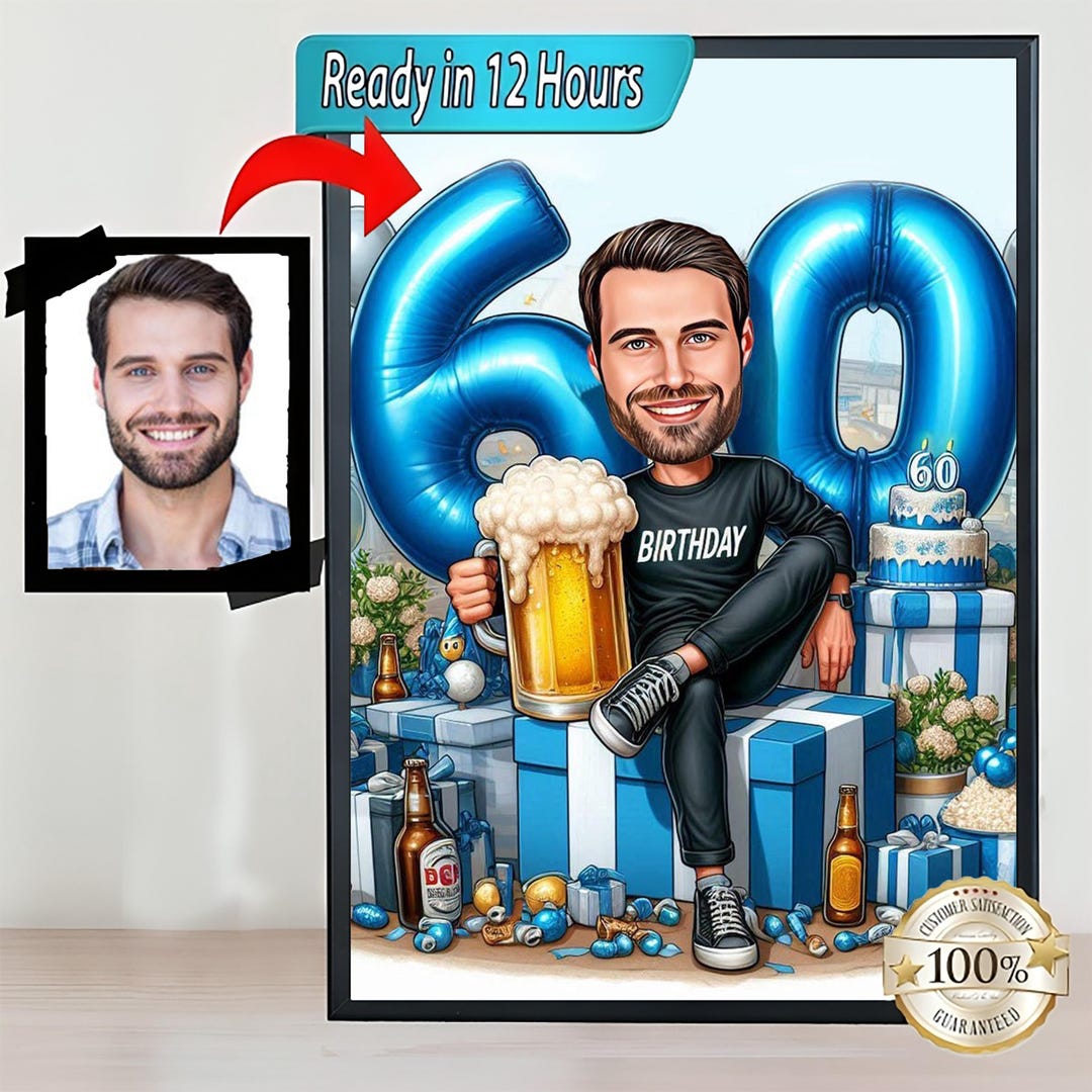 Custom 60th Man Cartoon Portrait | 60th Birthday Caricature | Birthday ...
