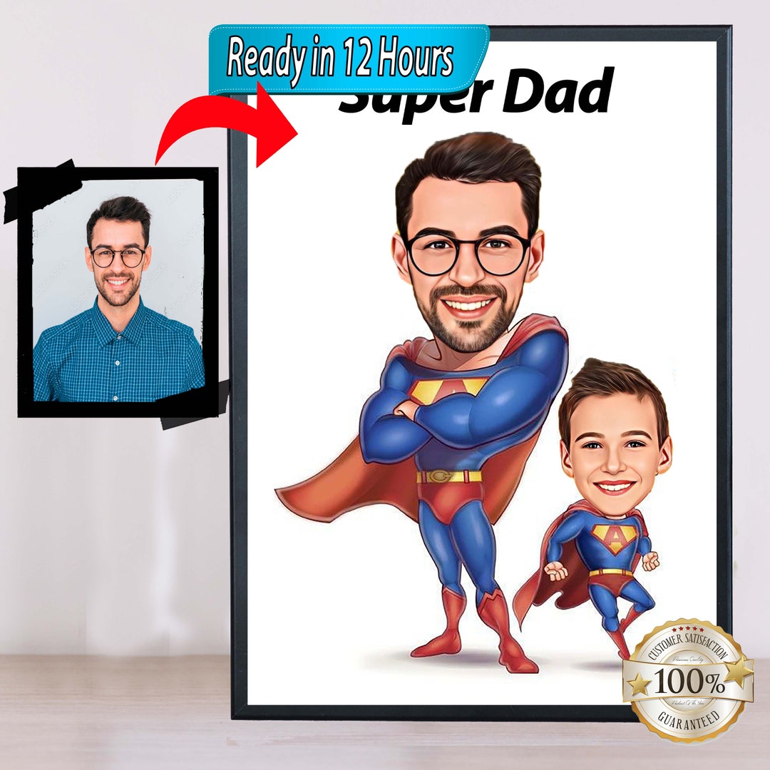 Personalized Super Dad and Son Cartoon Portrait, Custom Super Dad and ...