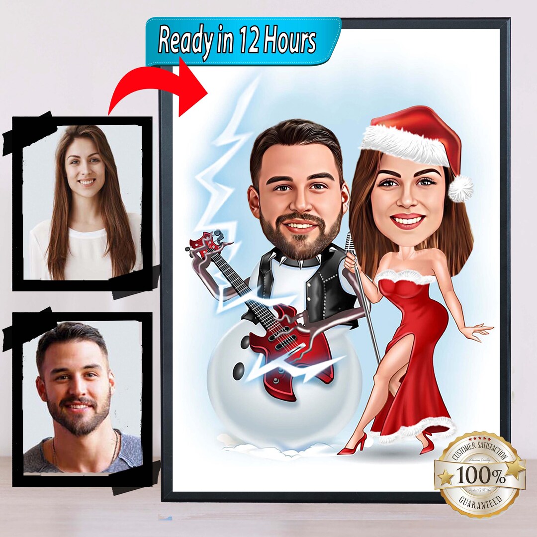 Christmas Couple Caricature From Photos Funny Holiday Cartoon Portrait ...