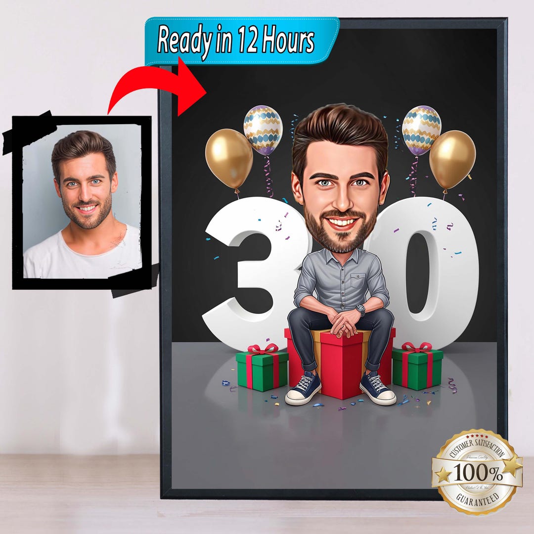 30th Birthday Caricature Gift for Him, Custom Cartoon Portrait (digital ...