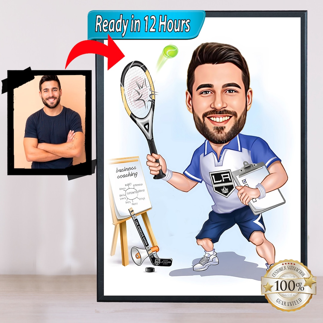 Tennis Coach Player Custom Cartoon Portrait Drawing From Your Photo ...