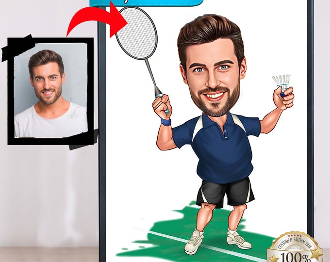 Badminton Cartoon Portrait | Badminton Gift | Custom Badminton ...