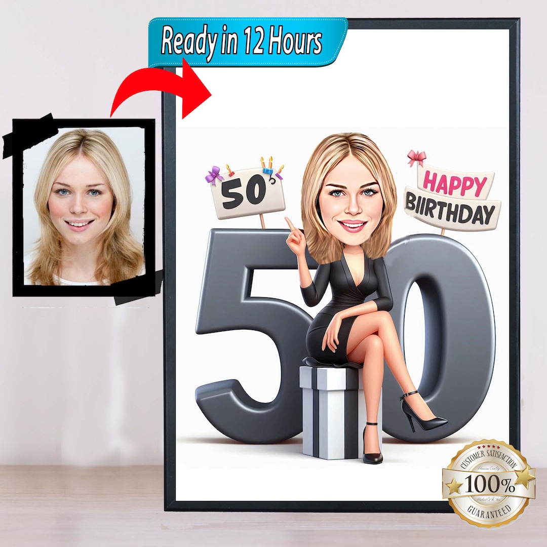 50th Birthday Caricature From Photos, Happy Birthday Cartoon Portrait ...