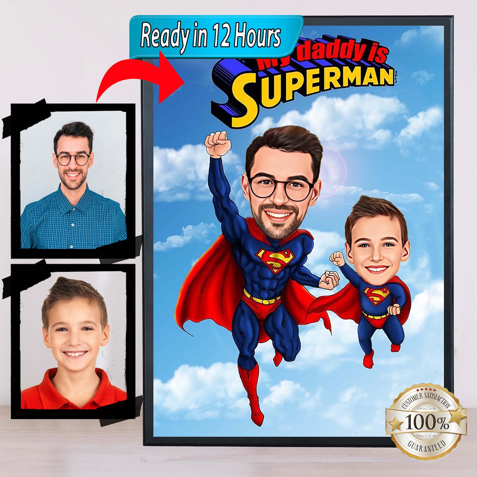 Custom Super Dad and Son Cartoon Portrait, Super Dad Portrait, Dad's ...