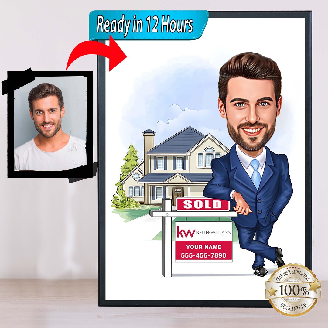 Realtor Caricature Gift, Custom Male Real Estate Agent Portrait, Real ...