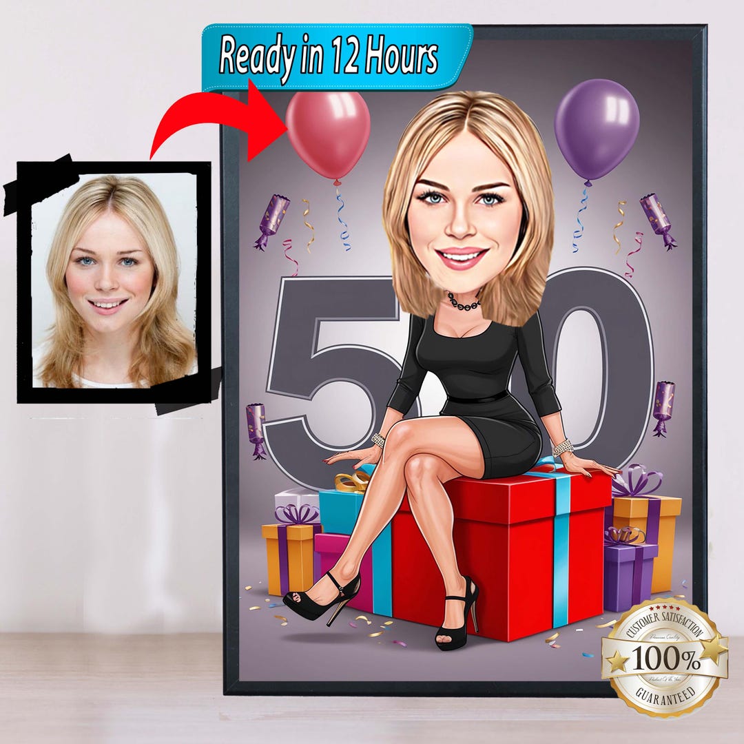 50th Birthday Caricature From Photos, Happy Birthday Cartoon Portrait ...