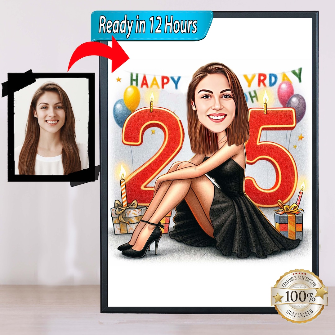 25th Birthday Caricature Cartoon Drawing From Photo Unique Wall Decor ...