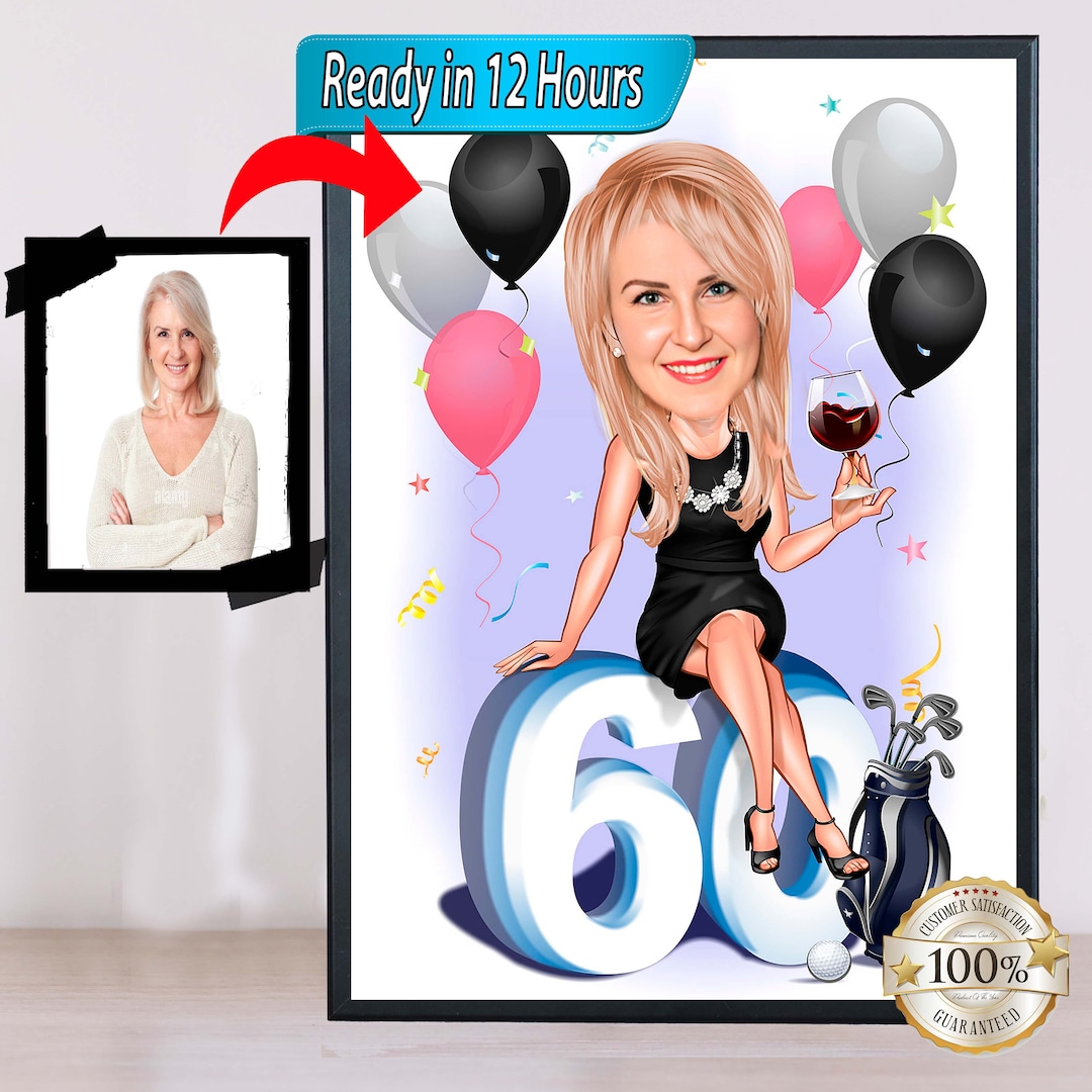 60th Birthday Caricature From Photos Happy Birthday Cartoon Portrait ...